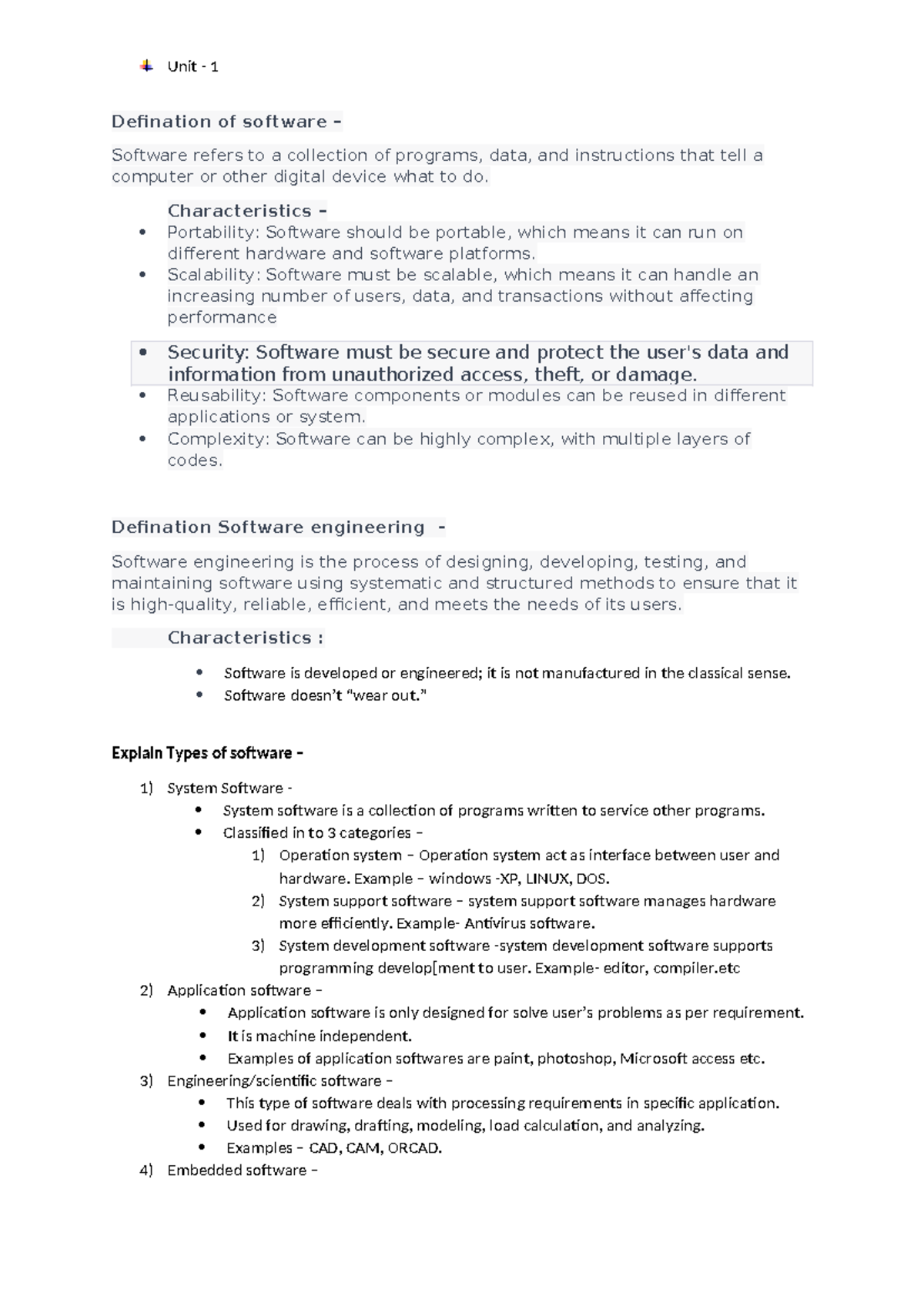 SEn notes - Unit - 1 Defination of software – Software refers to a ...