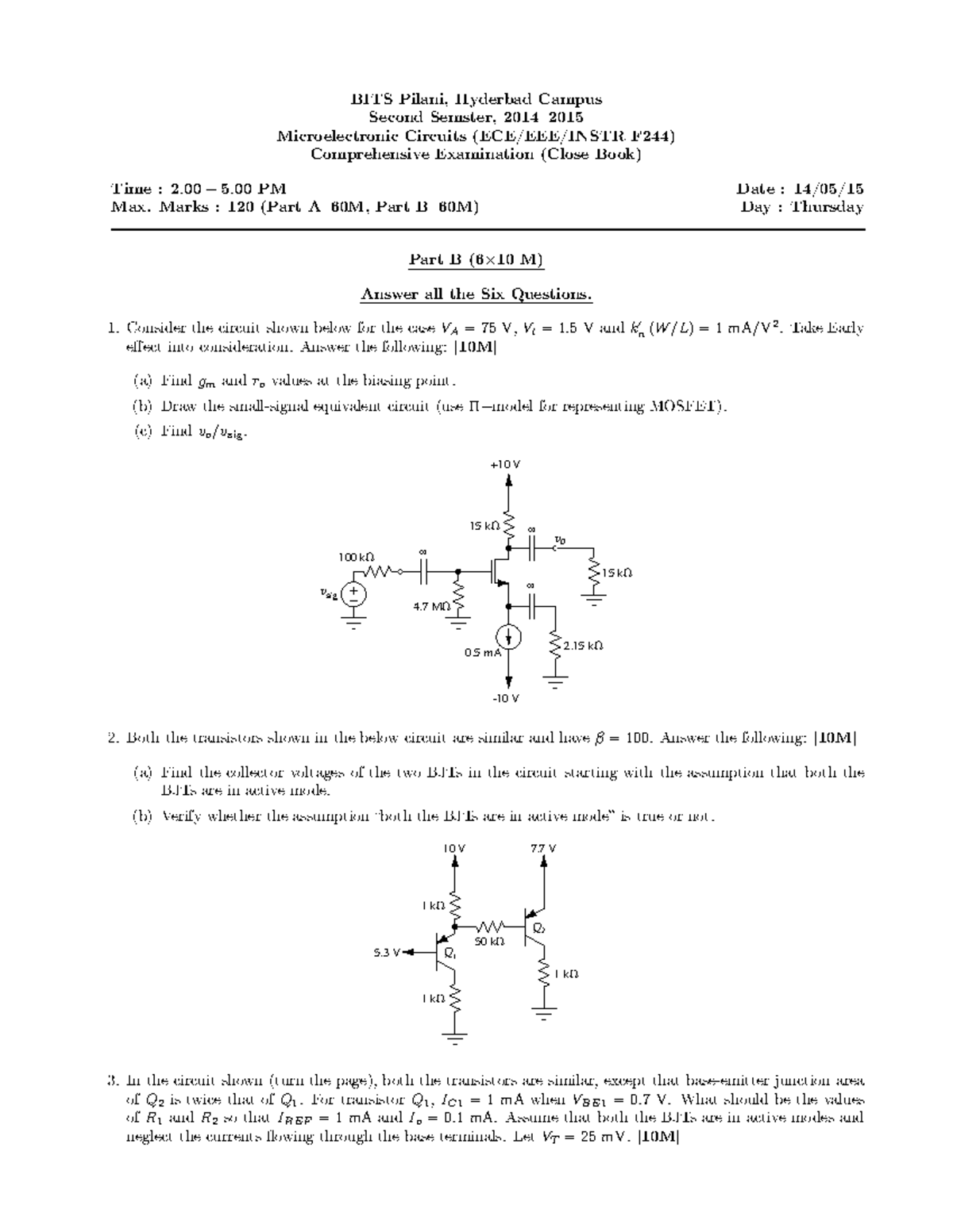 6 Compre Part B - BITS Pilani, Hyderbad Campus Second Semster, 2014 Microelectronic Circuits ...
