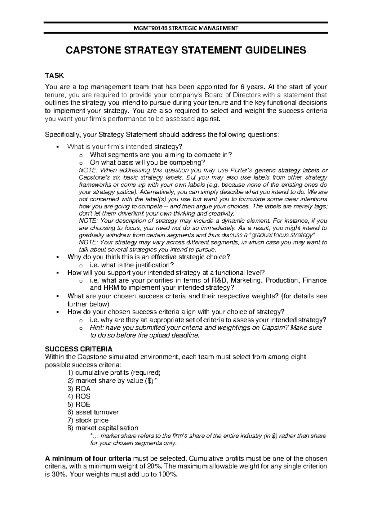 Strategy Statement - Guidelines Final - MGMT90146 STRATEGIC MANAGEMENT ...