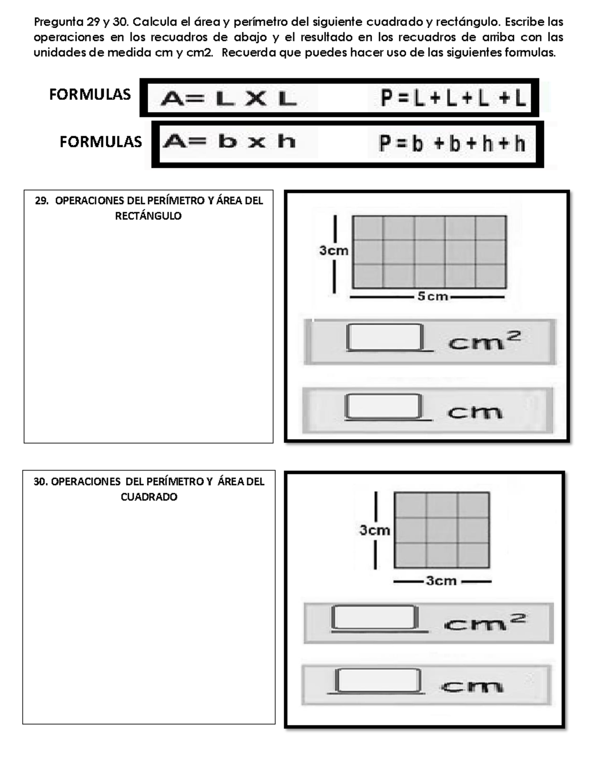Examen escrito - Ejercicios para resolver área y perímetro - Pregunta ...