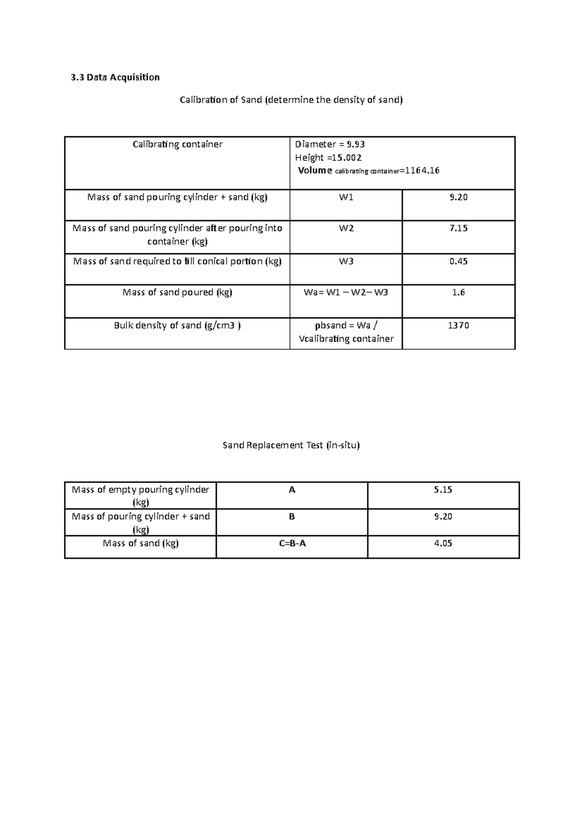Soil compaction data - lab - 3 Data Acquisition Calibration of Sand ...