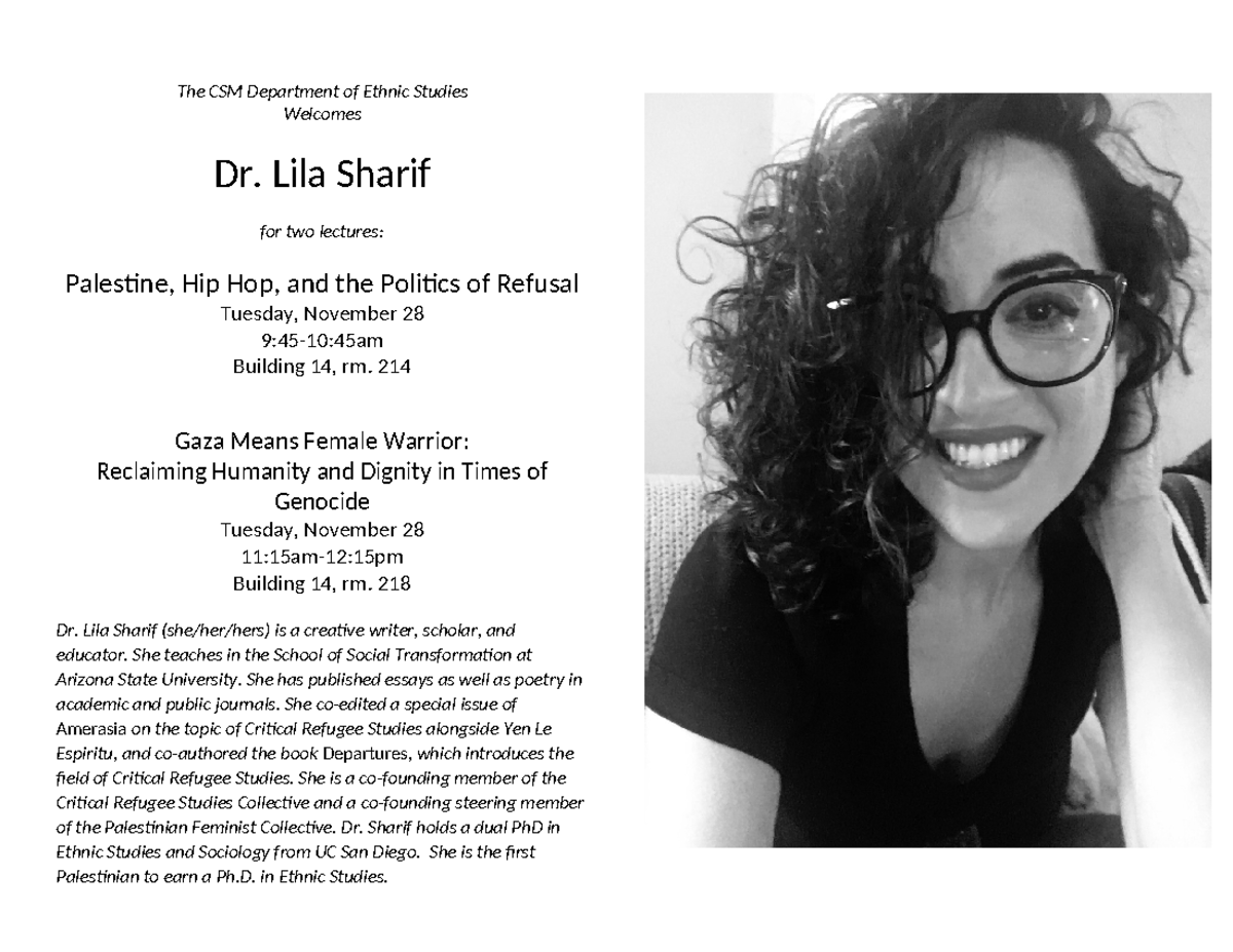Lila Sharif Fall 2023 flyer - The CSM Department of Ethnic Studies ...