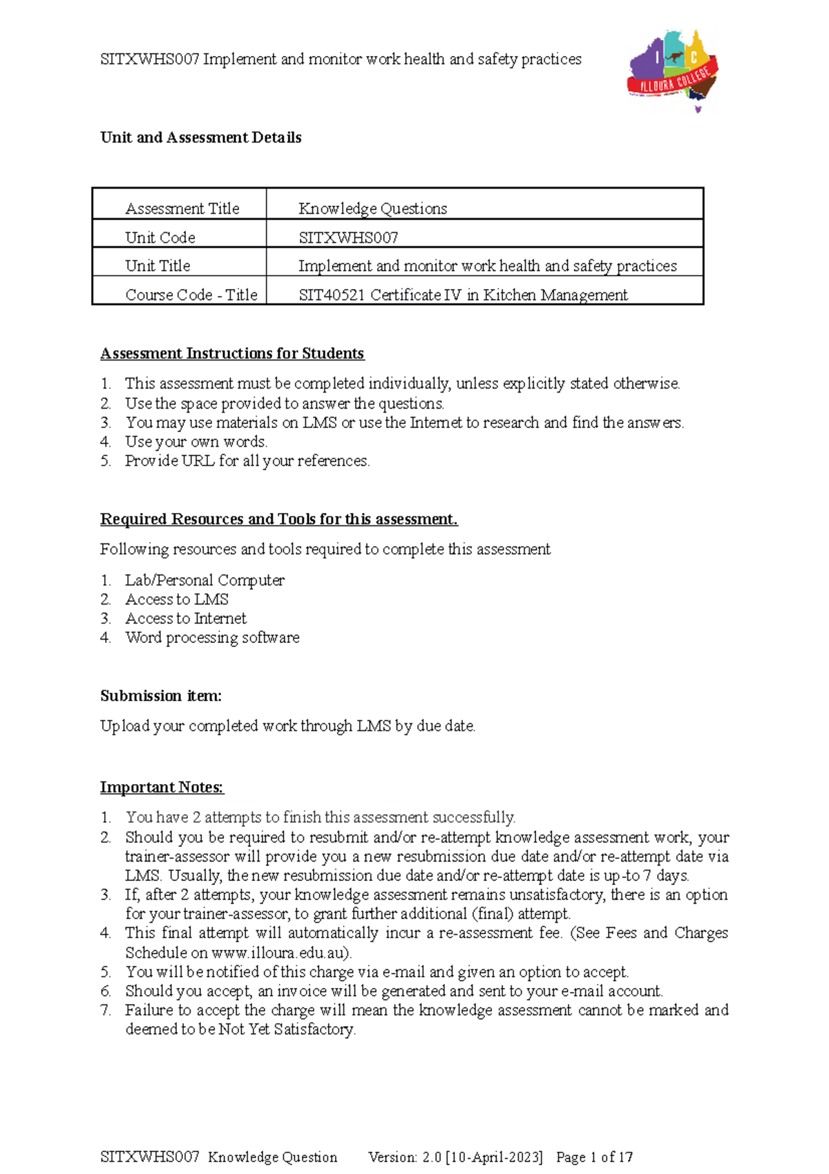Assessment 1 V2 April 2023 1 - Unit and Assessment Details Assessment ...