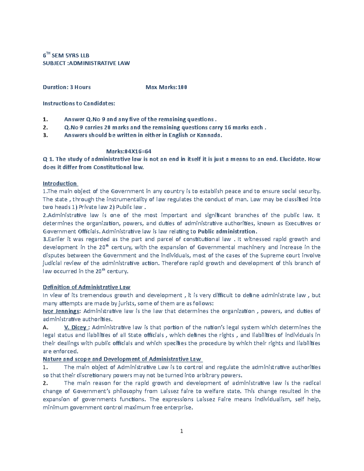 Admin LAW - Short Notes - 6 TH SEM 5YRS LLB SUBJECT :ADMINISTRATIVE LAW ...