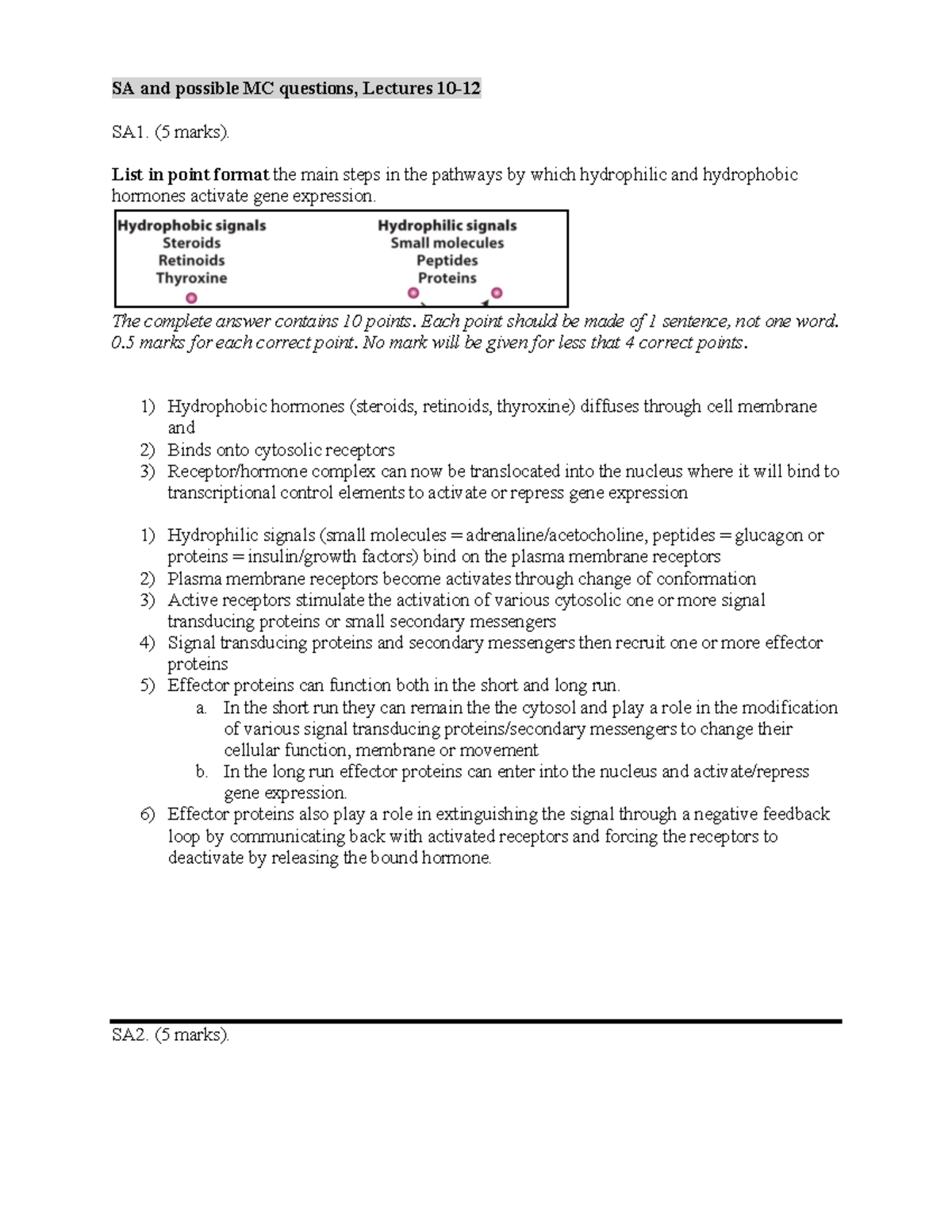 SA questions on lectures 10-12 MCB2050 - SA and possible MC questions ...