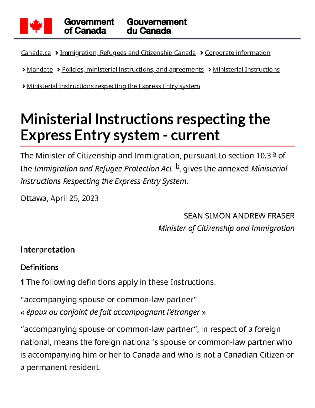 Ministerial Instructions respecting the Express Entry system - current ...