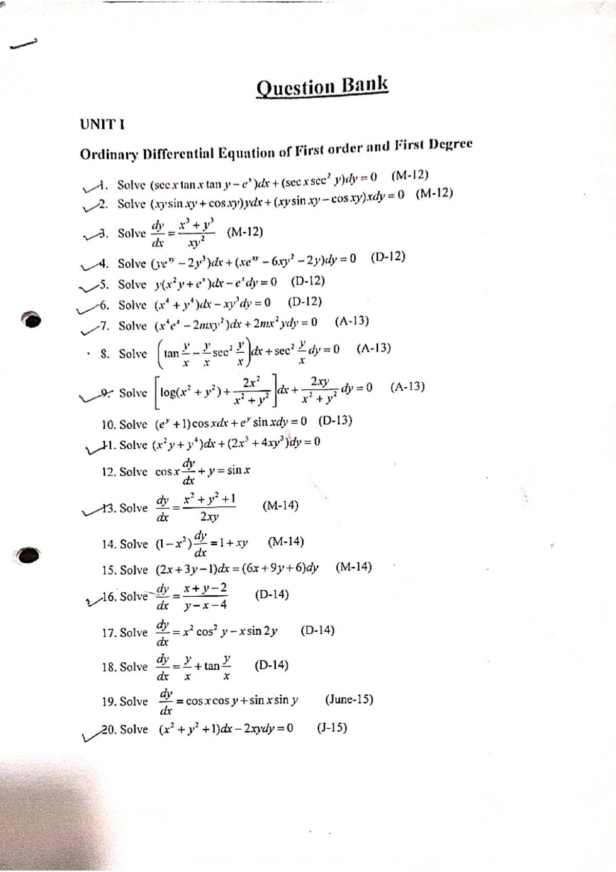 Question Bank of Exact, Non Exact Diff Equation - Mathematics - Studocu