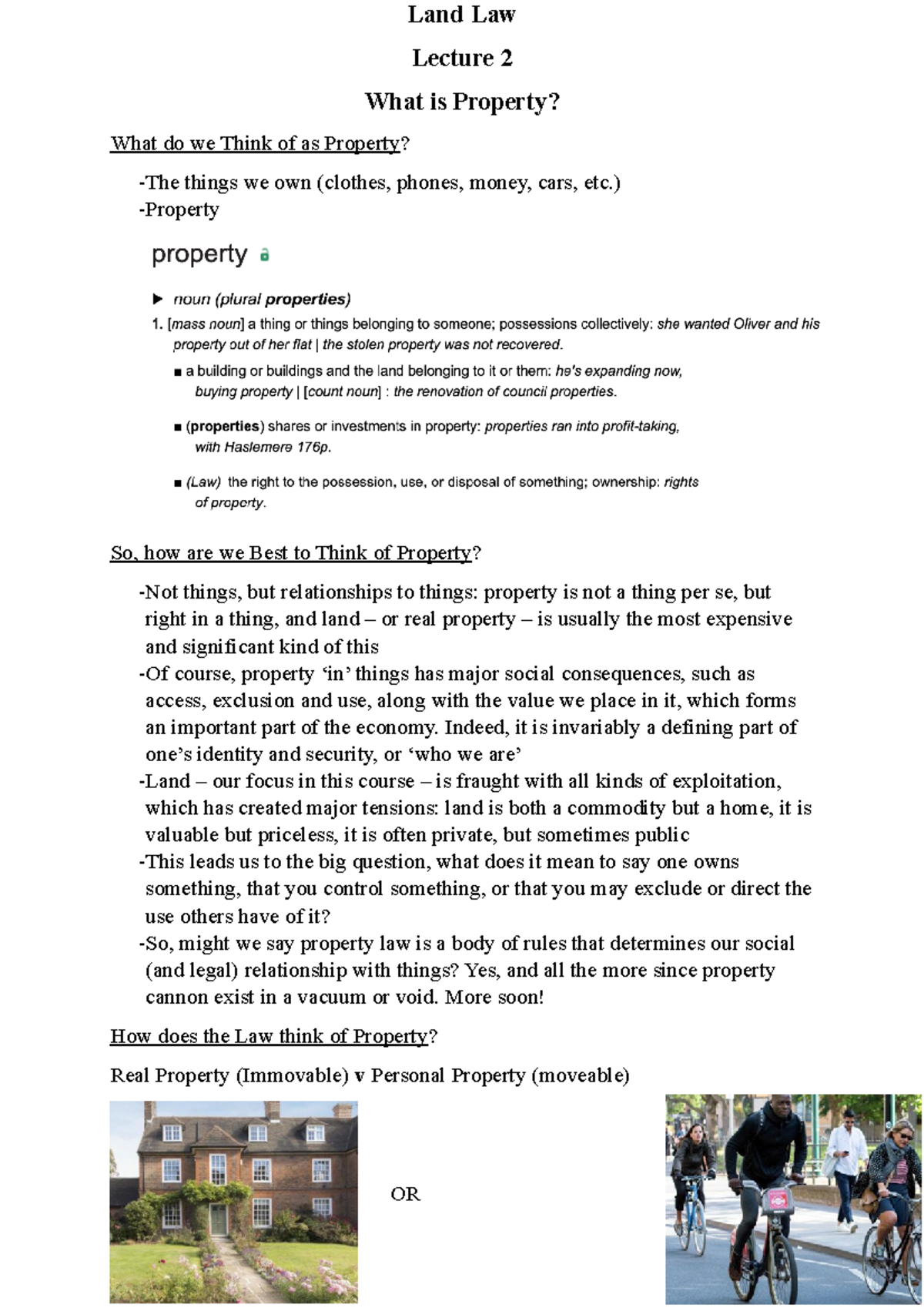 Lecture 2 - What is Property - Land Law Lecture 2 What is Property ...