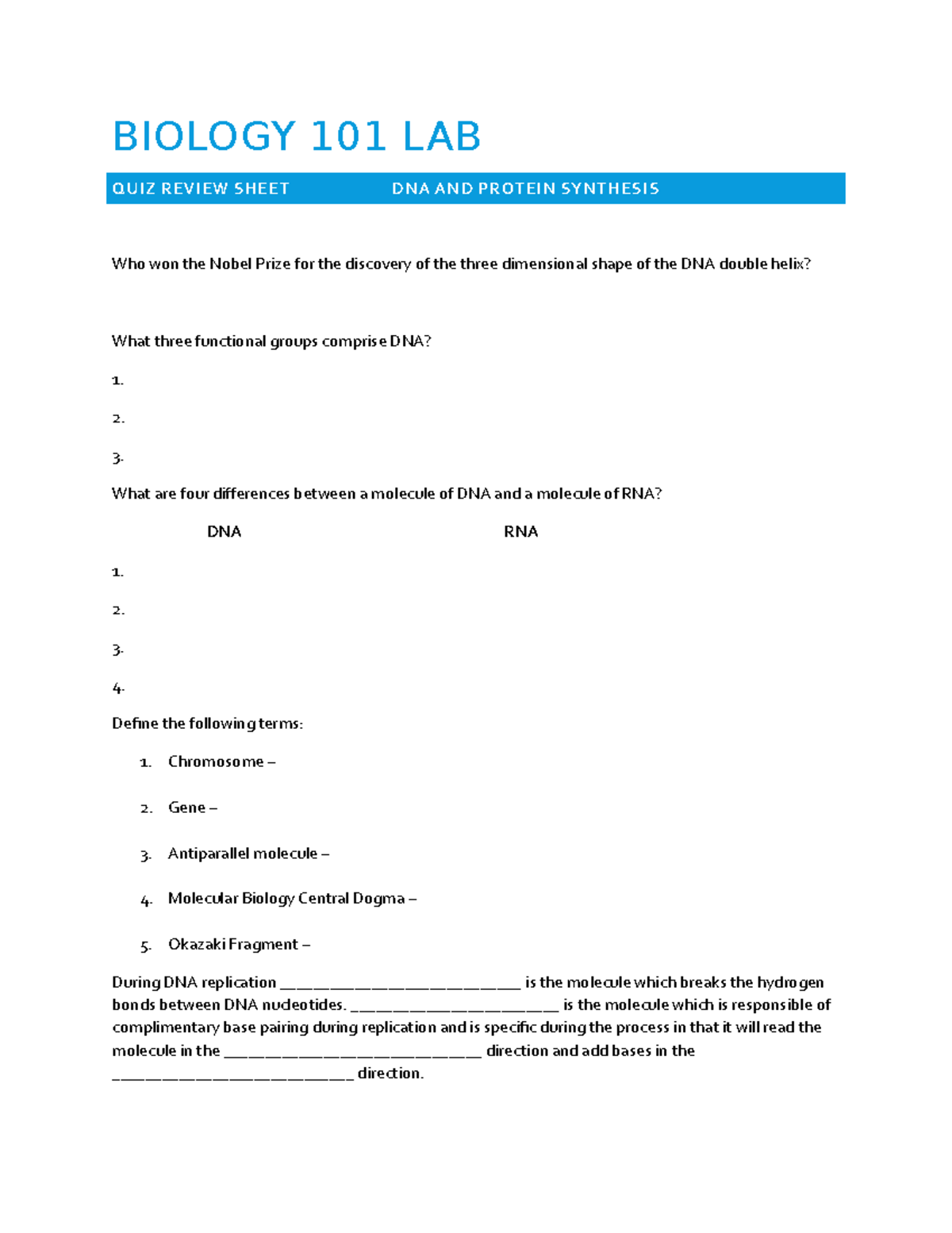 Lab 9 - Quizzes that needed to be completed - BIOLOGY 101 LAB QUIZ ...