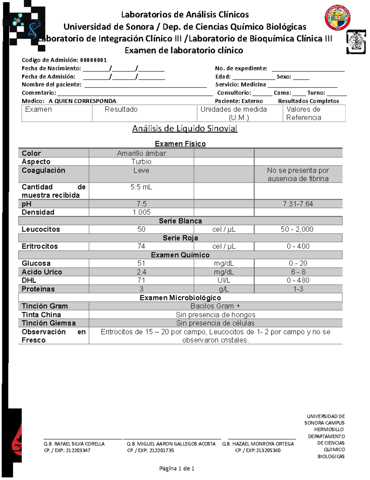 Reporte De Laboratorio 2 Liquido Sinovial Laboratorios De Análisis