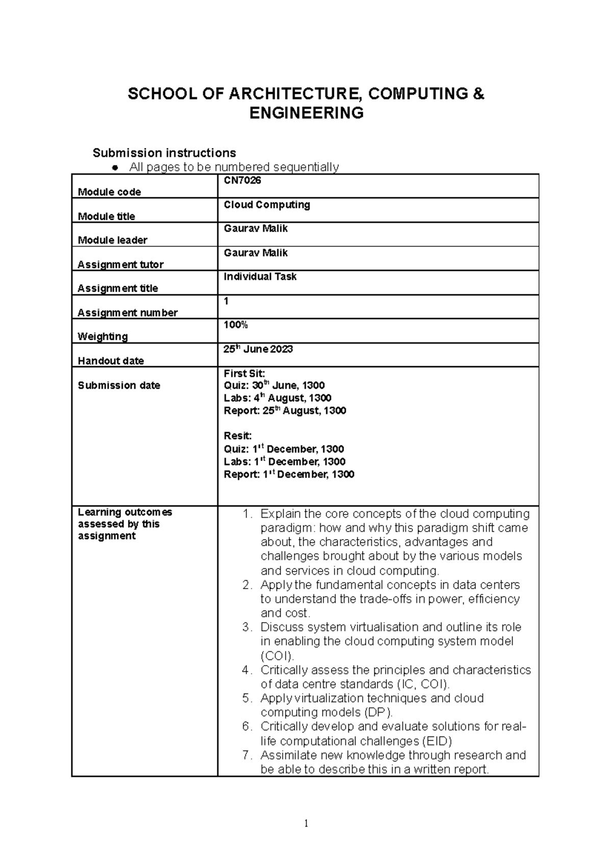 Cloud computing brief - asd - SCHOOL OF ARCHITECTURE, COMPUTING ...