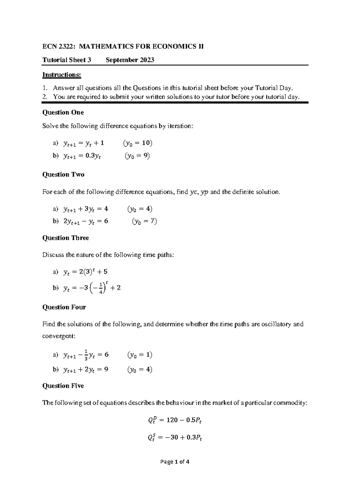 ECN 2322 Tutorial Sheet III 29092023 - ECN 2322 : MATHEMATICS FOR ECONOMICS II Tutorial Sheet 3 ...