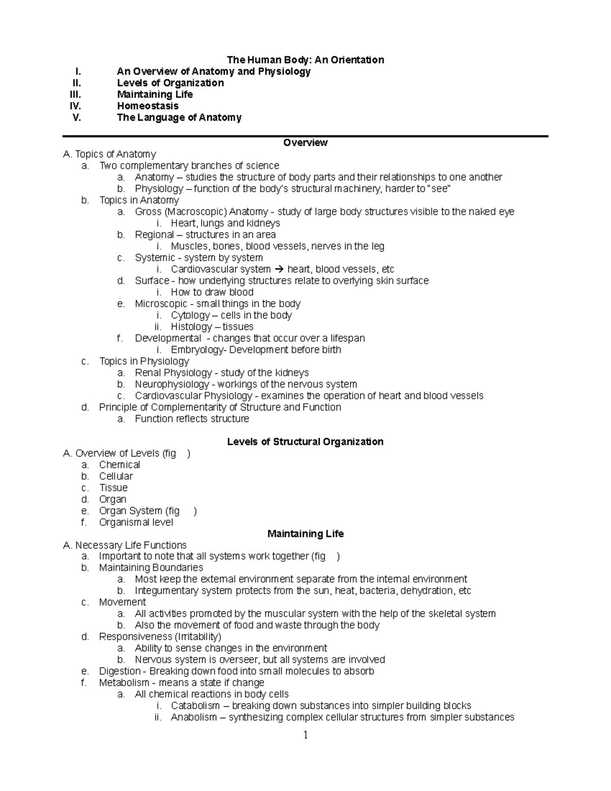Human anatomy summary - The Human Body: An Orientation I. An Overview ...