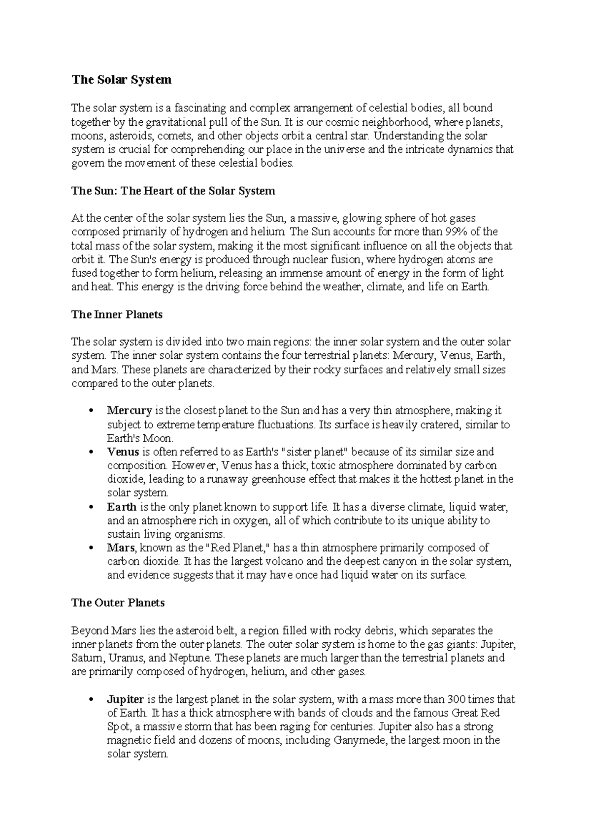 The Solar System - Essays - The Solar System The solar system is a ...