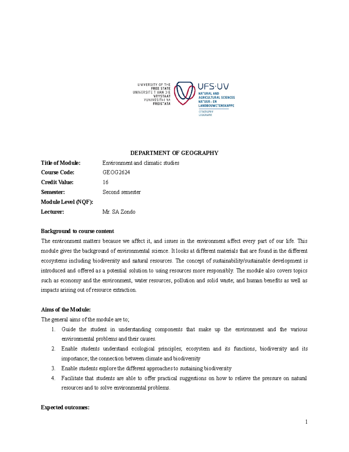 GEOG2624 course outline - DEPARTMENT OF GEOGRAPHY Title of Module ...