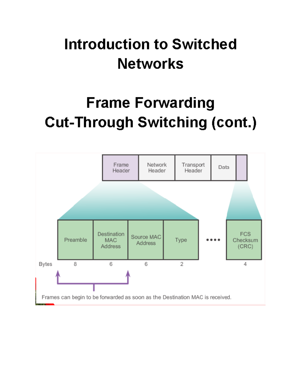 Introduction to Switched Networks - Introduction to Switched Networks Frame Forwarding Cut ...