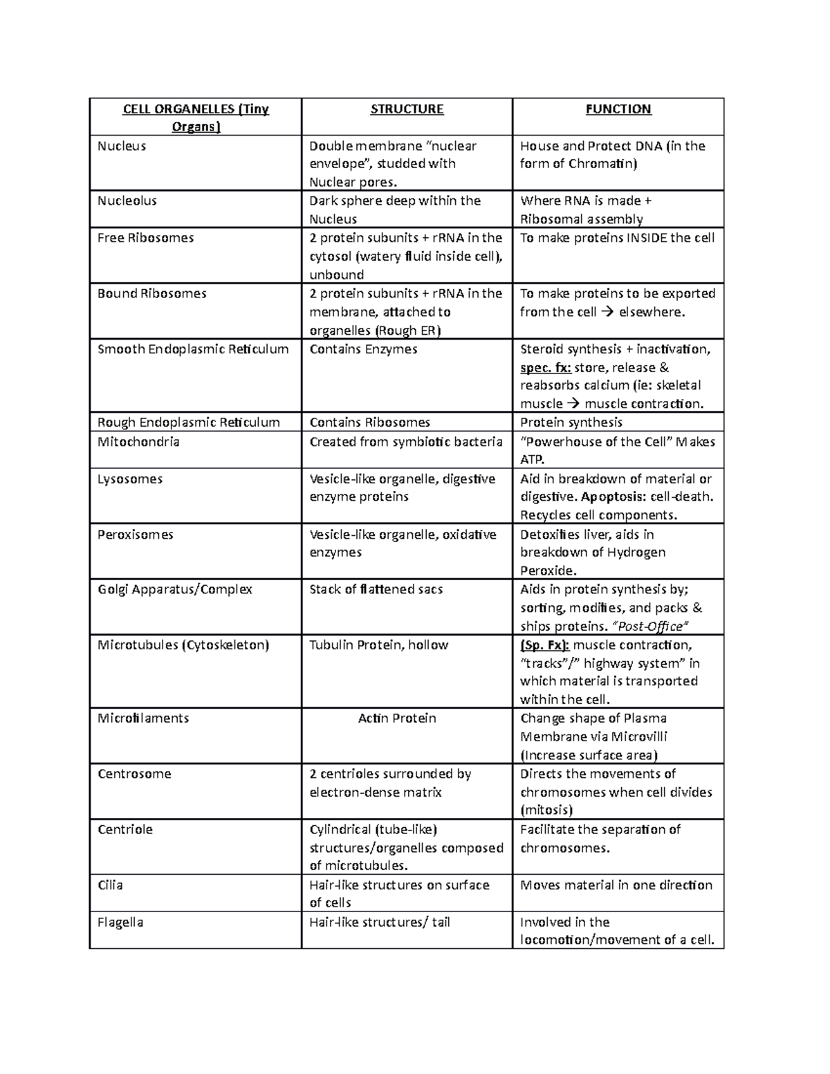 09-07-22 Cell Structure and Function Matrix KEY - CELL ORGANELLES (Tiny ...