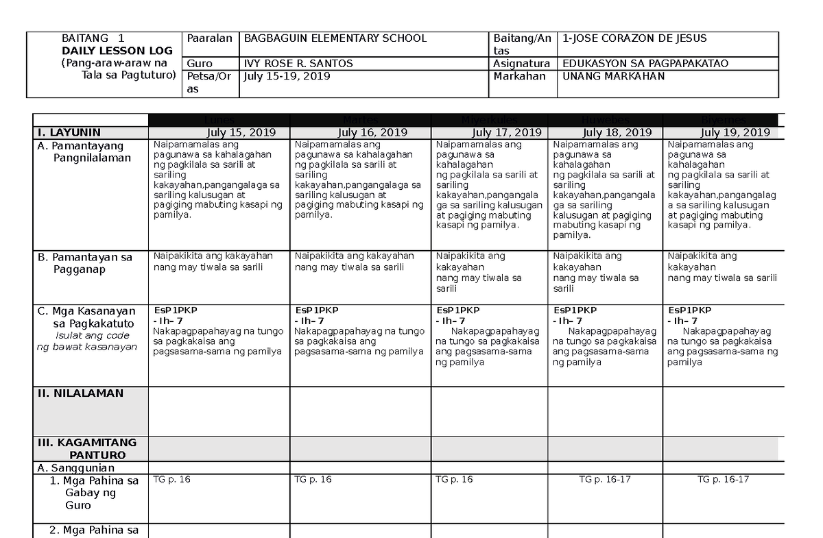 WEEK 7 QTR 1 ESP 1 - ERWE EFF - BAITANG 1 DAILY LESSON LOG (Pang-araw ...