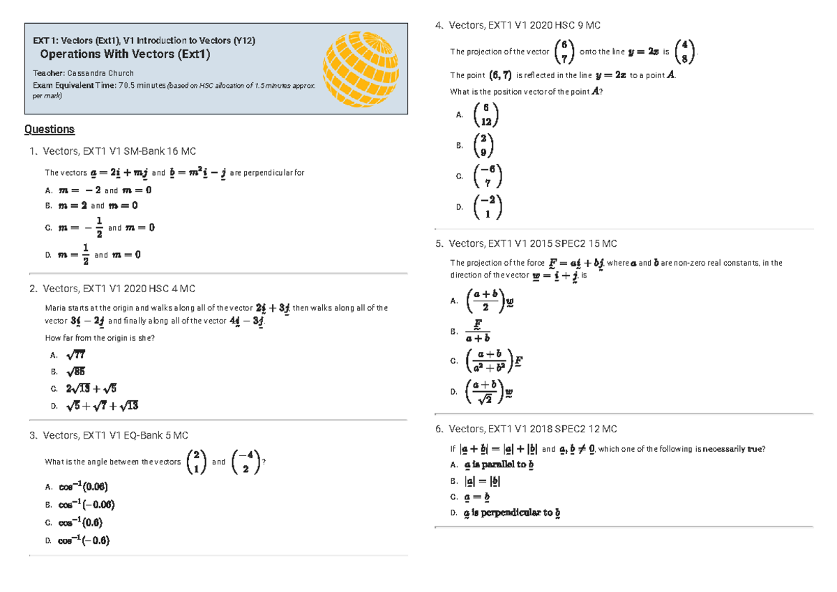 V1 Introduction to Vectors - Operations - 1. Vectors, EXT1 V1 SM-Bank 16 MC 2. Vectors, EXT1 V1 ...