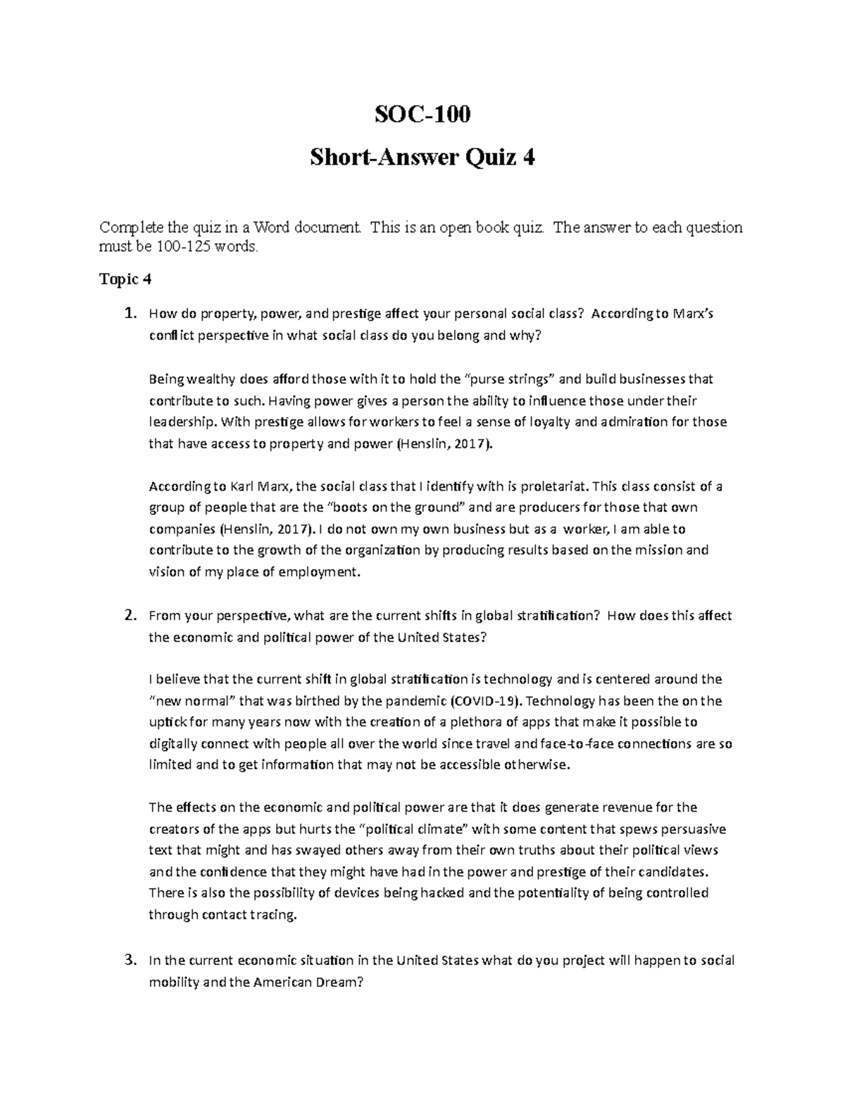 SOC-100 - Short Answer Quiz 4 - SOC-100 - GCU - Studocu