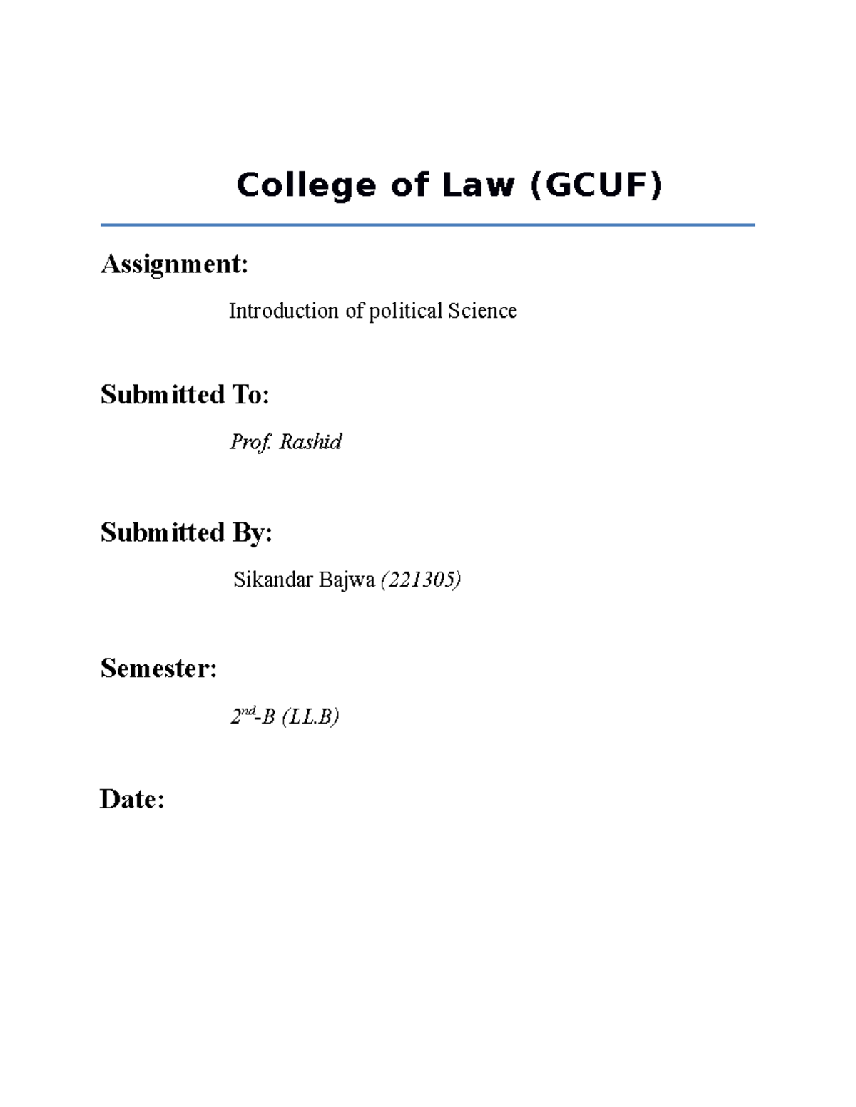 Political Science Assignment - College of Law (GCUF) Assignment ...