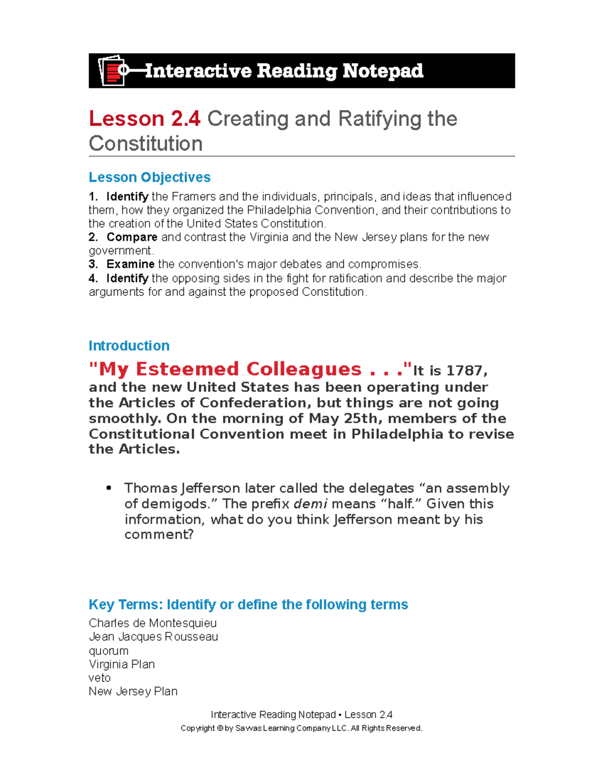 Us gov hw - Yuhuuh - Lesson 2 Creating and Ratifying the Constitution ...