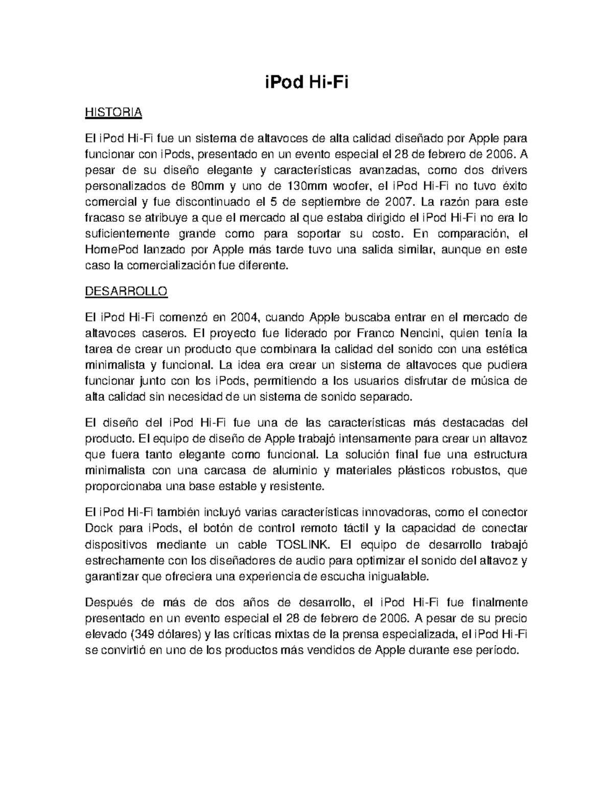 Documento iphone hi-fi - iPod Hi-Fi HISTORIA El iPod Hi-Fi fue un ...