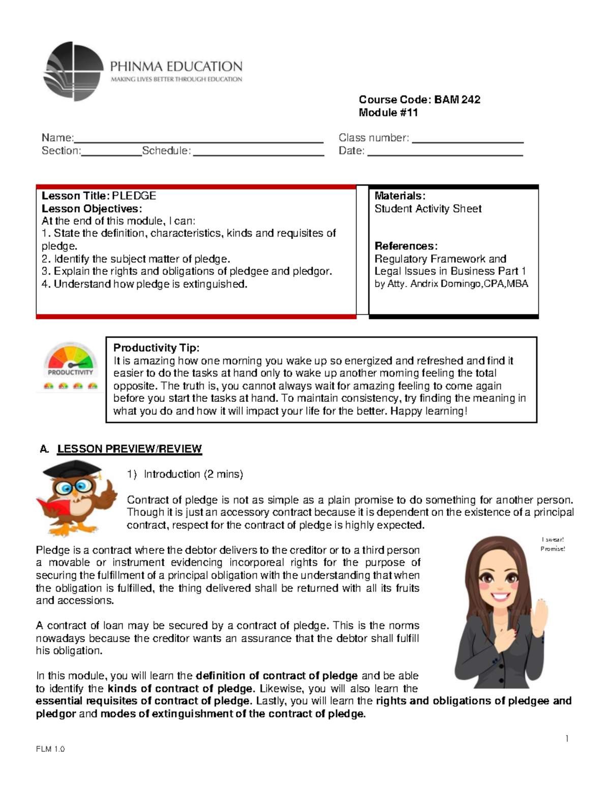 BAM 242 MODULE 11.1 - Module # Name: Section: Schedule: Class number ...