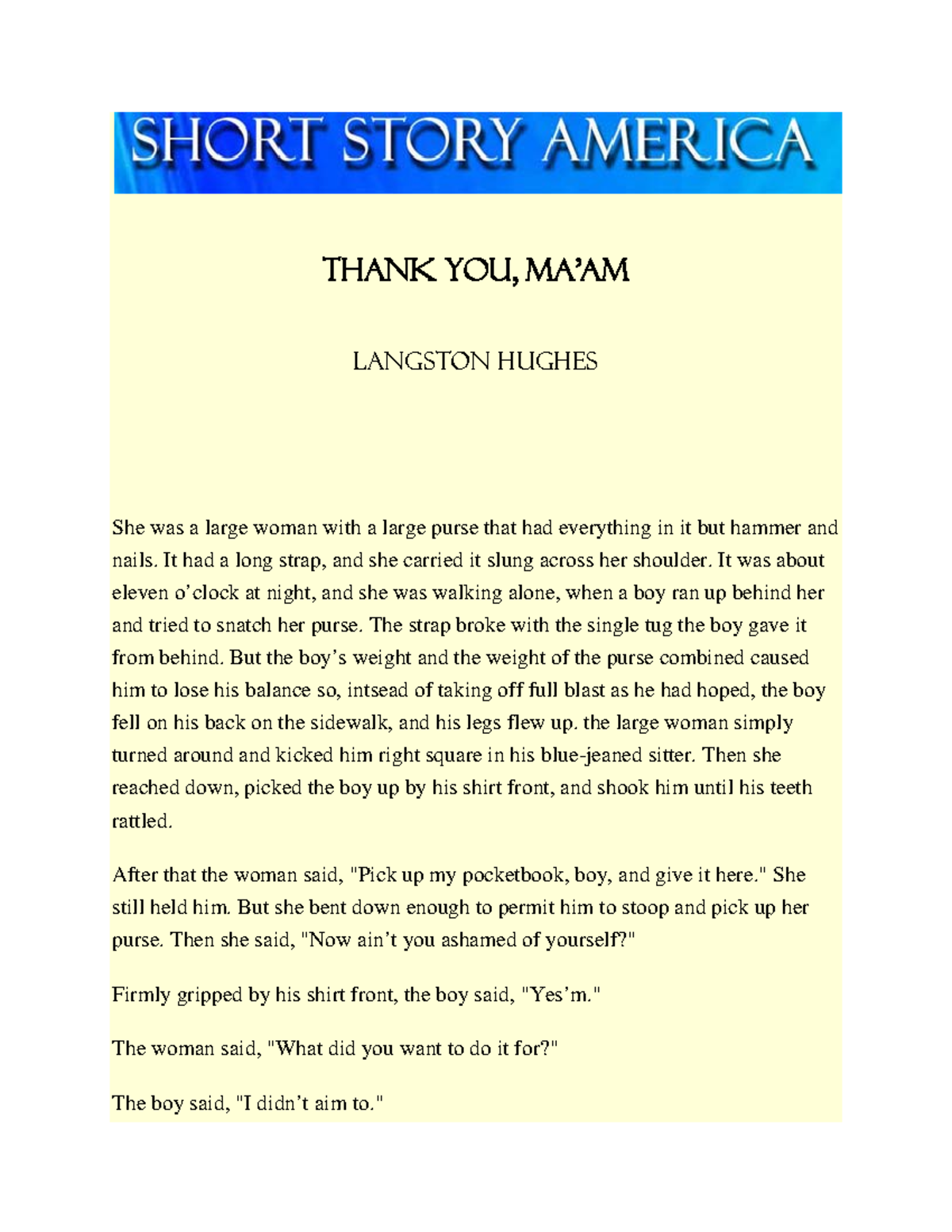 Hughes thank you maam Reading - Thank you, ma’am Langston hughes She ...