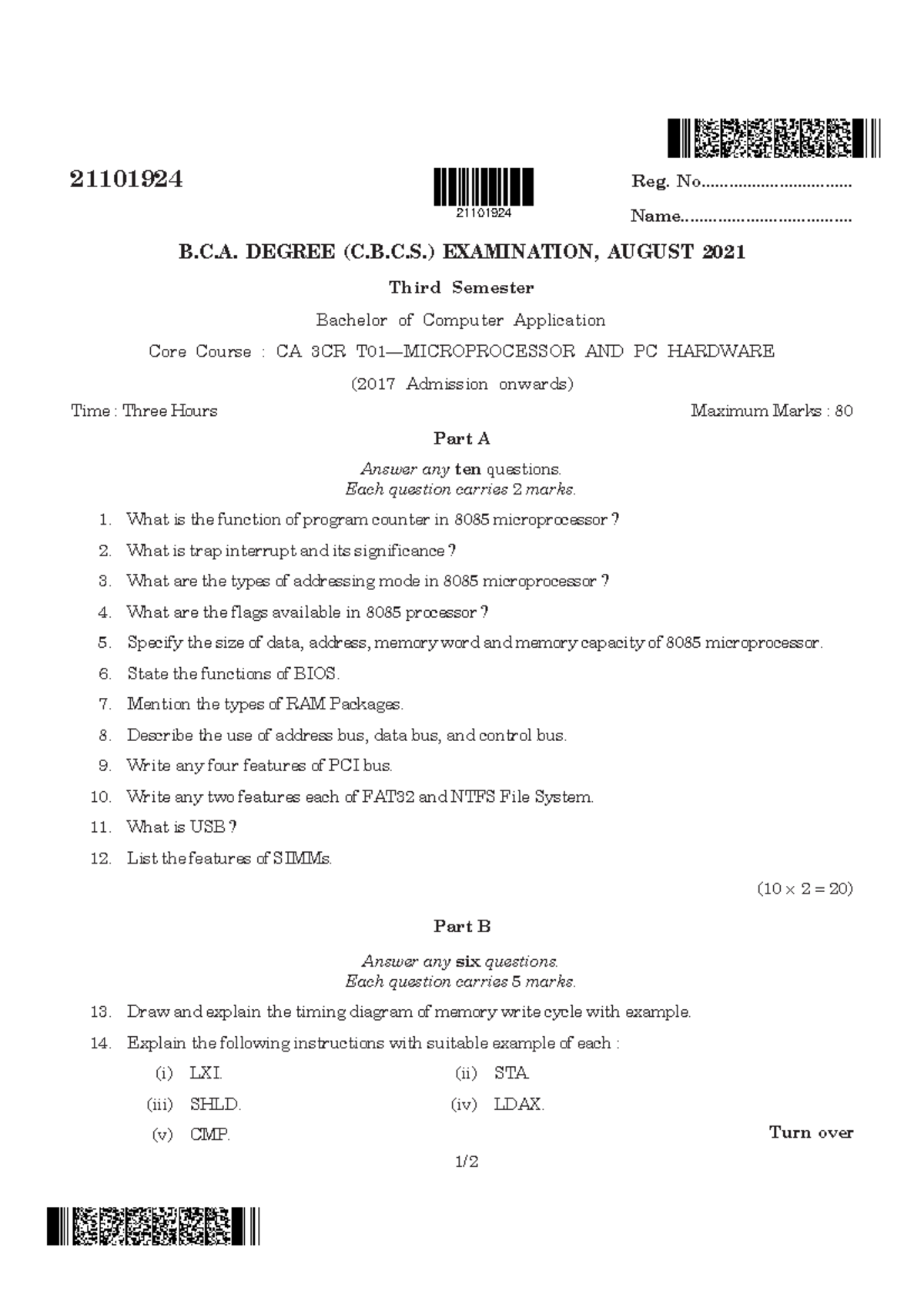 Microprocessor and PC hardware - Turn over 21101924 Reg. No ...