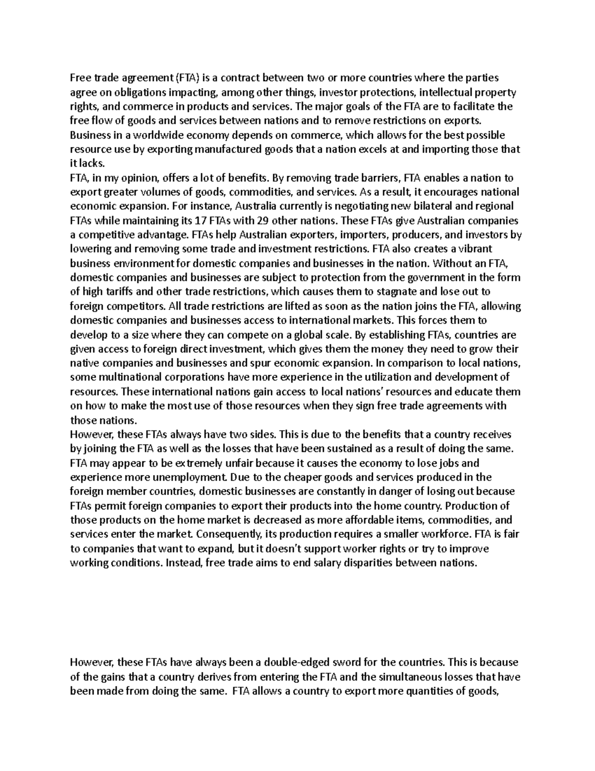 Free trade agreement - WORK - Free trade agreement (FTA) is a contract ...