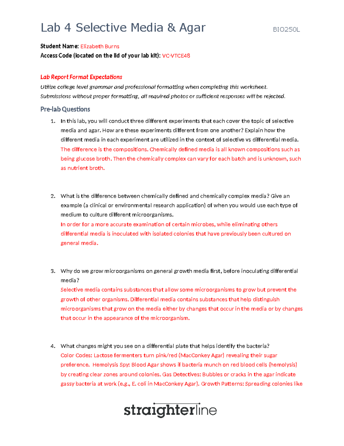 BIO250 Lab 4 - Lab assignments for Straighter Line Microbiology course. Micro 250/250L - Student ...