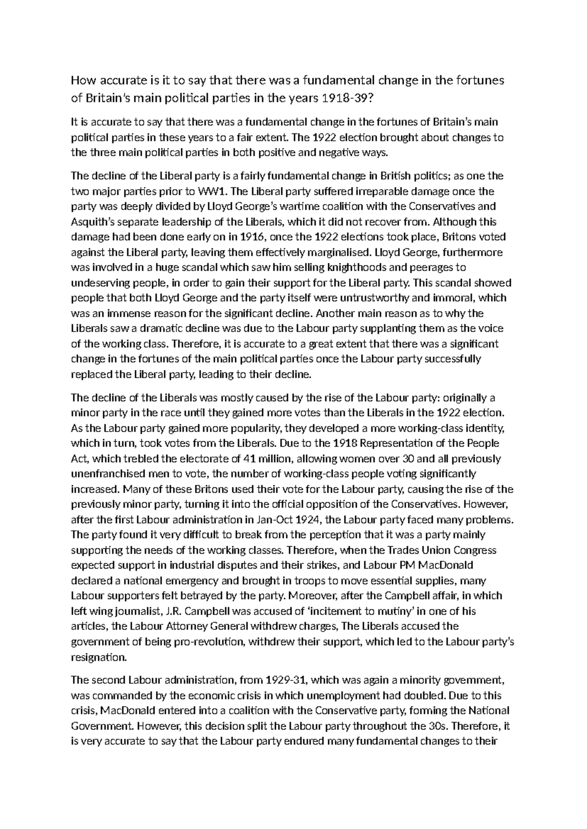 History Essay Fortunes of Parties - How accurate is it to say that ...