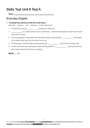 Skills Test intermediate - Skills Test Unit 2 Test B Name: - Studocu