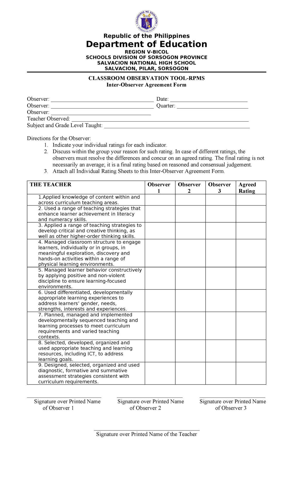COT Rating Sheet 2023 - Department of Education REGION V-BICOL SCHOOLS ...