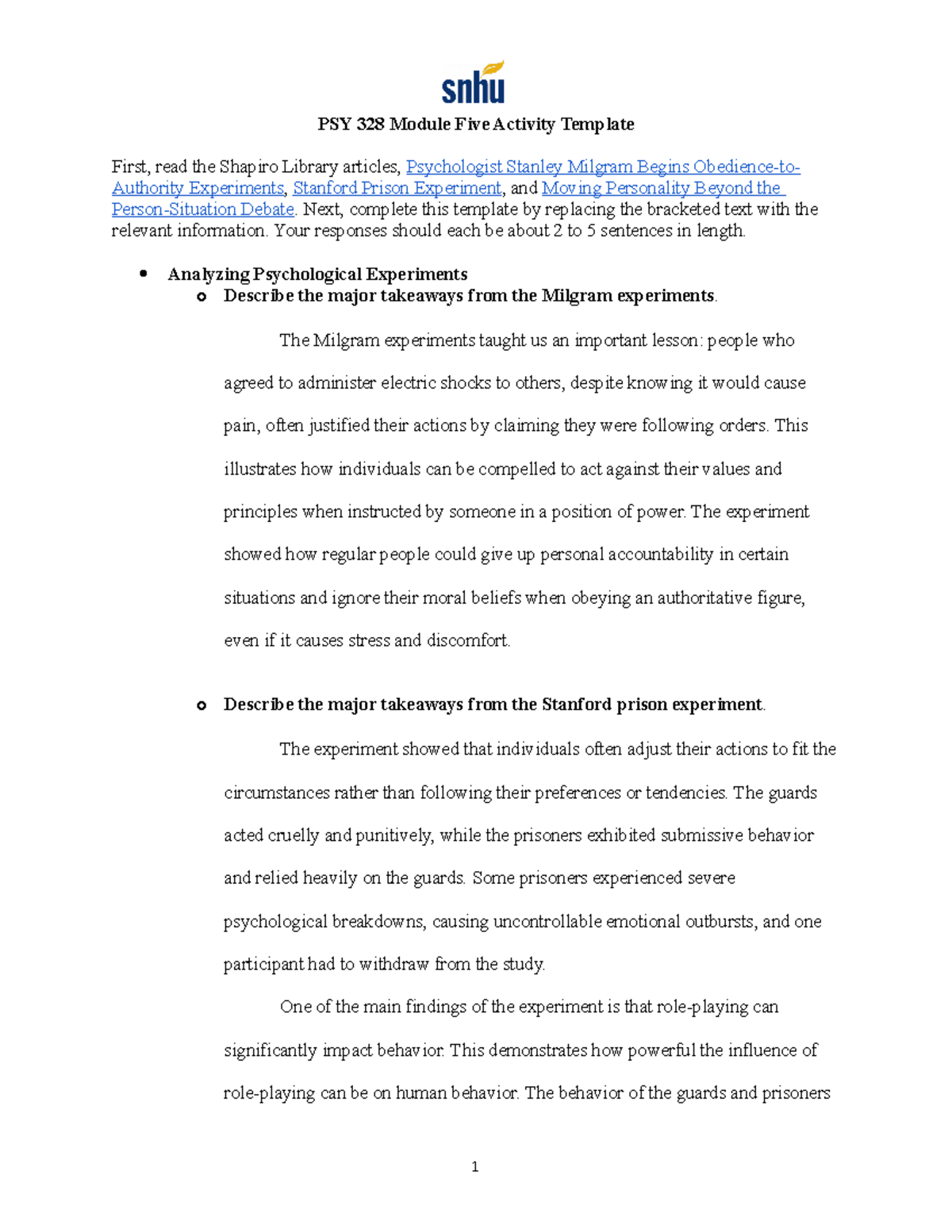 PSY 328 Module Five Activity Template - PSY 328 Module Five Activity Template First, read the ...