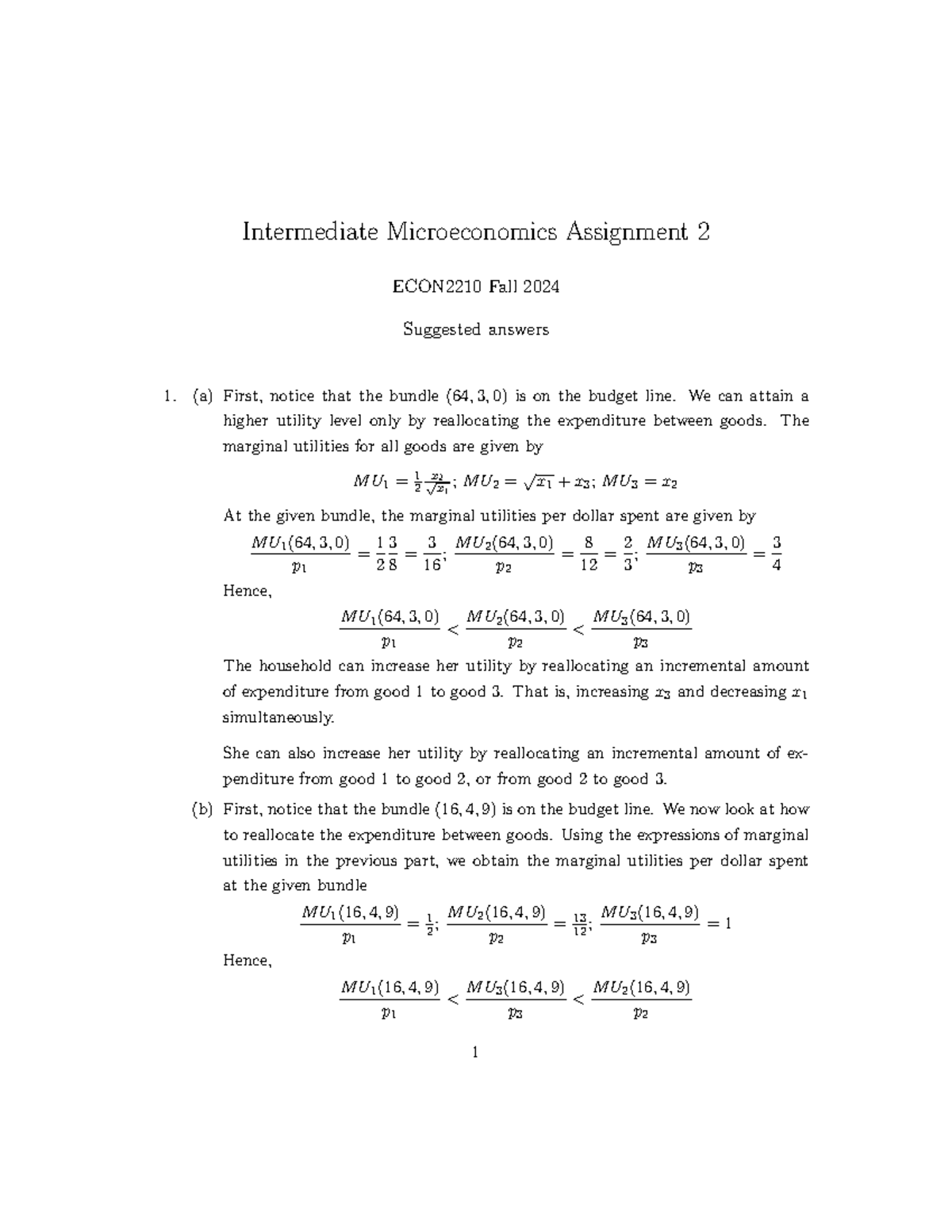 2024F Assignment 2 suggested answer - Intermediate Microeconomics Assignment 2 ECON2210 Fall ...