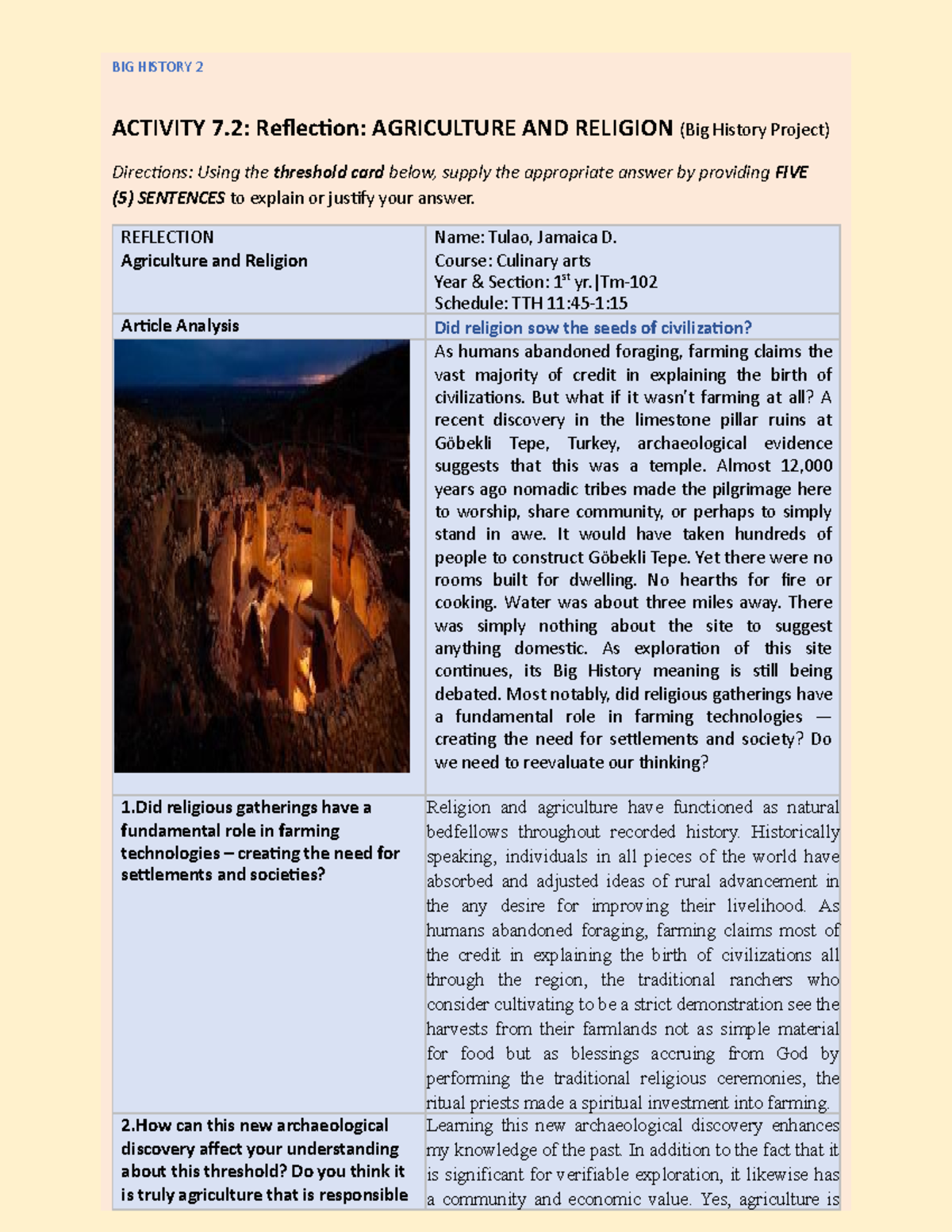 Activity 7.2 - Reflection Agriculture and Religion - BIG HISTORY 2 ...
