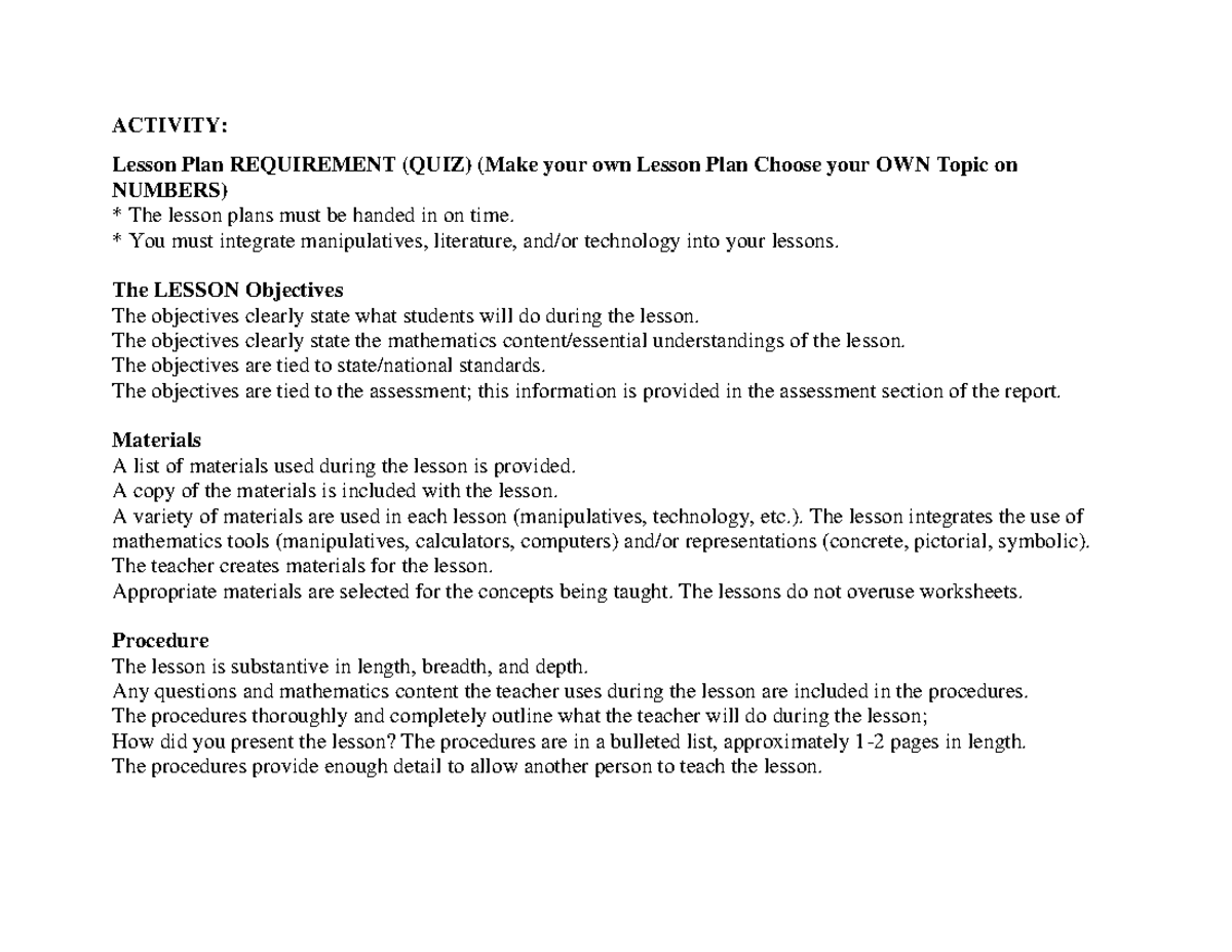 Numbers Activity - ACTIVITY: Lesson Plan REQUIREMENT (QUIZ) (Make your ...