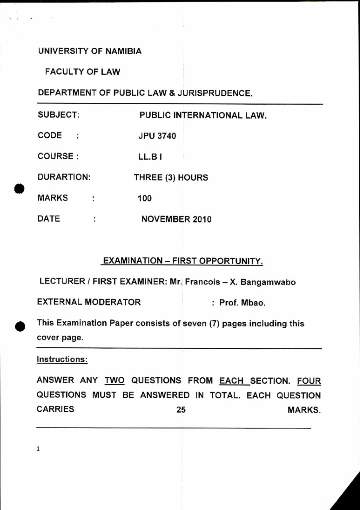 Jpu3740 2010 11 fop - Exam - UNIVERSITY OF NAMIBIA FACULTY OF LAW ...