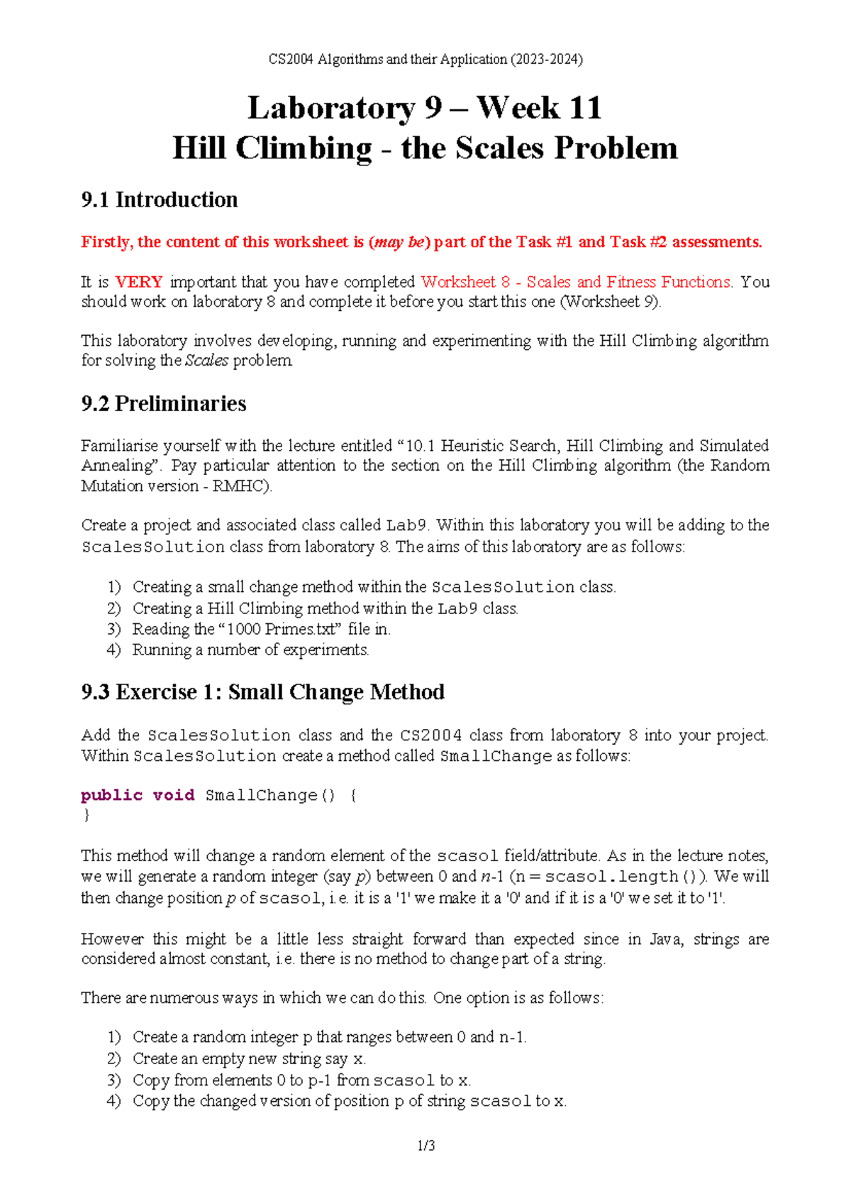 CS2004 Worksheet 9 - Hill Climbing the Scales Problem (2023-2024) - CS2004 Algorithms and their ...
