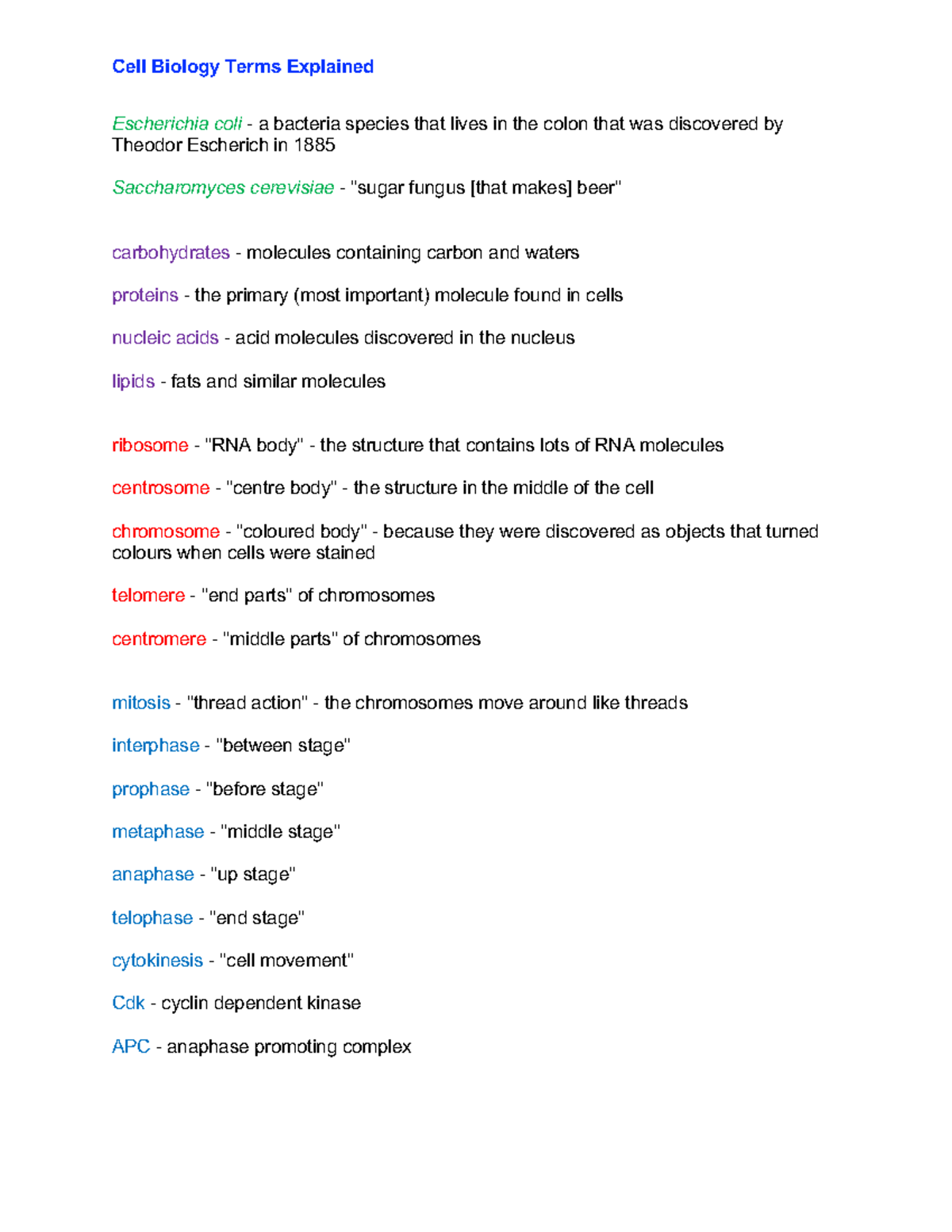 Cell terms - Summary Introduction to Cell Biology - Cell Biology Terms ...