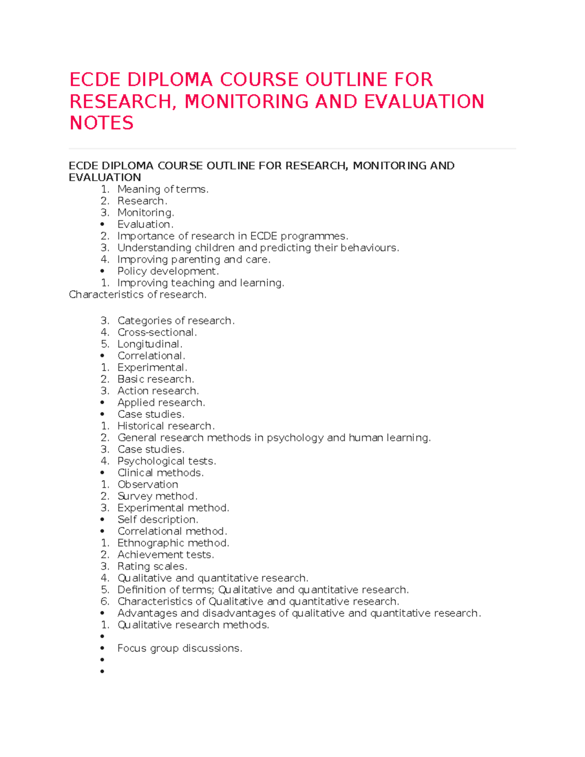 ECDE Research Notes - ECDE DIPLOMA COURSE OUTLINE FOR RESEARCH ...