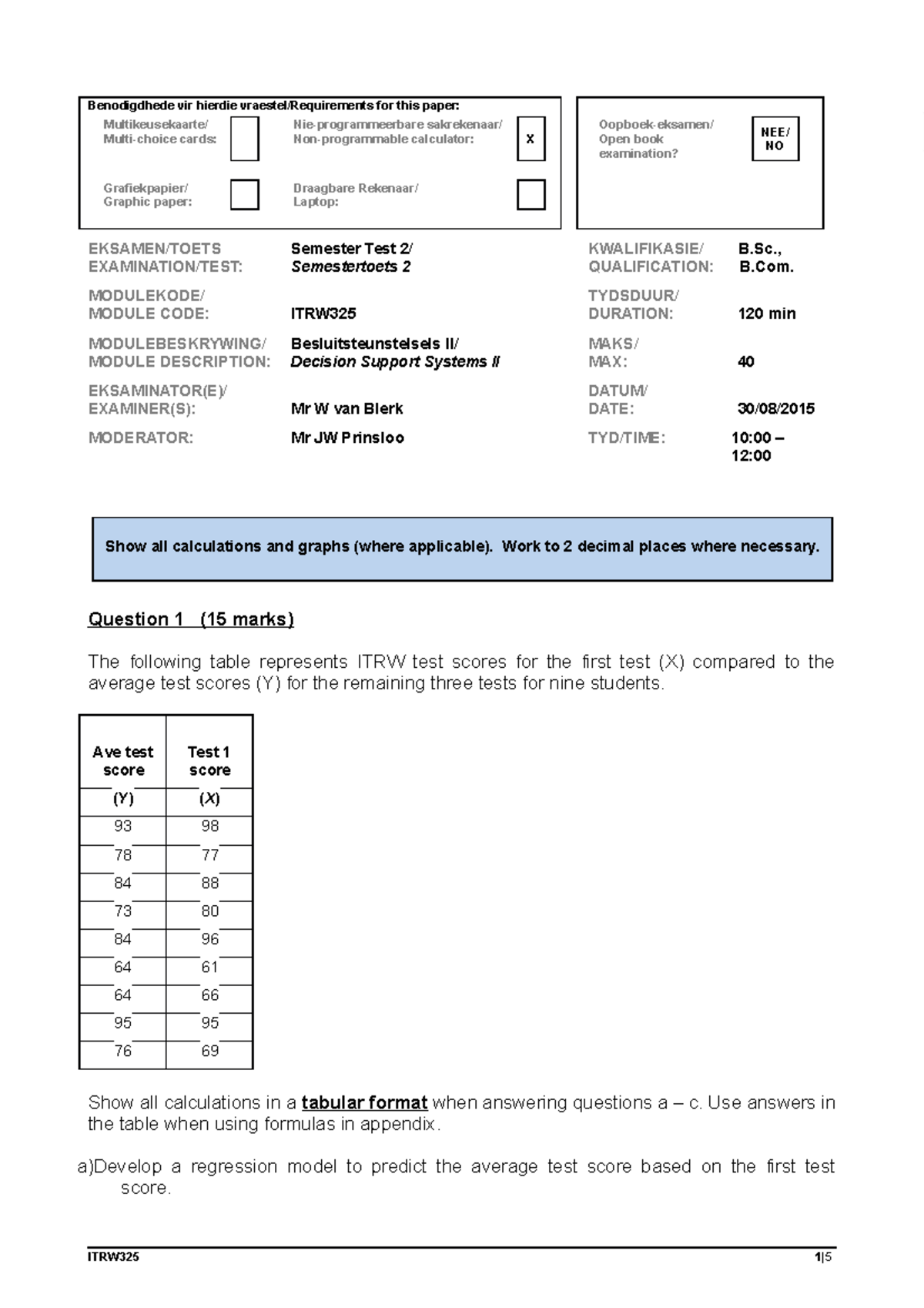 Semester Test 2 Test Memo- 30 August 2016 - Benodigdhede vir hierdie ...