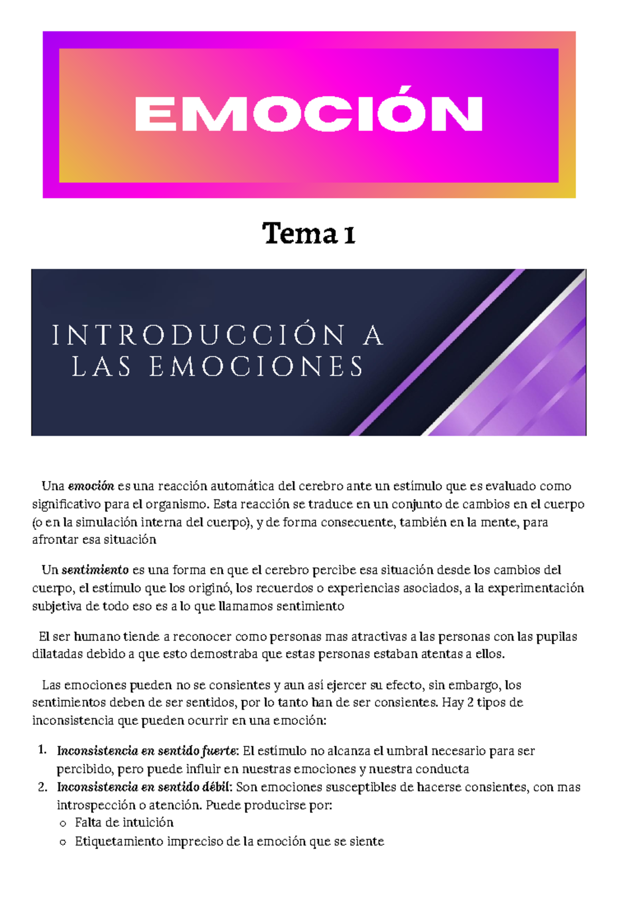 Apuntes Emoción - Tema 1 Una emoción es una reacción automática del ...