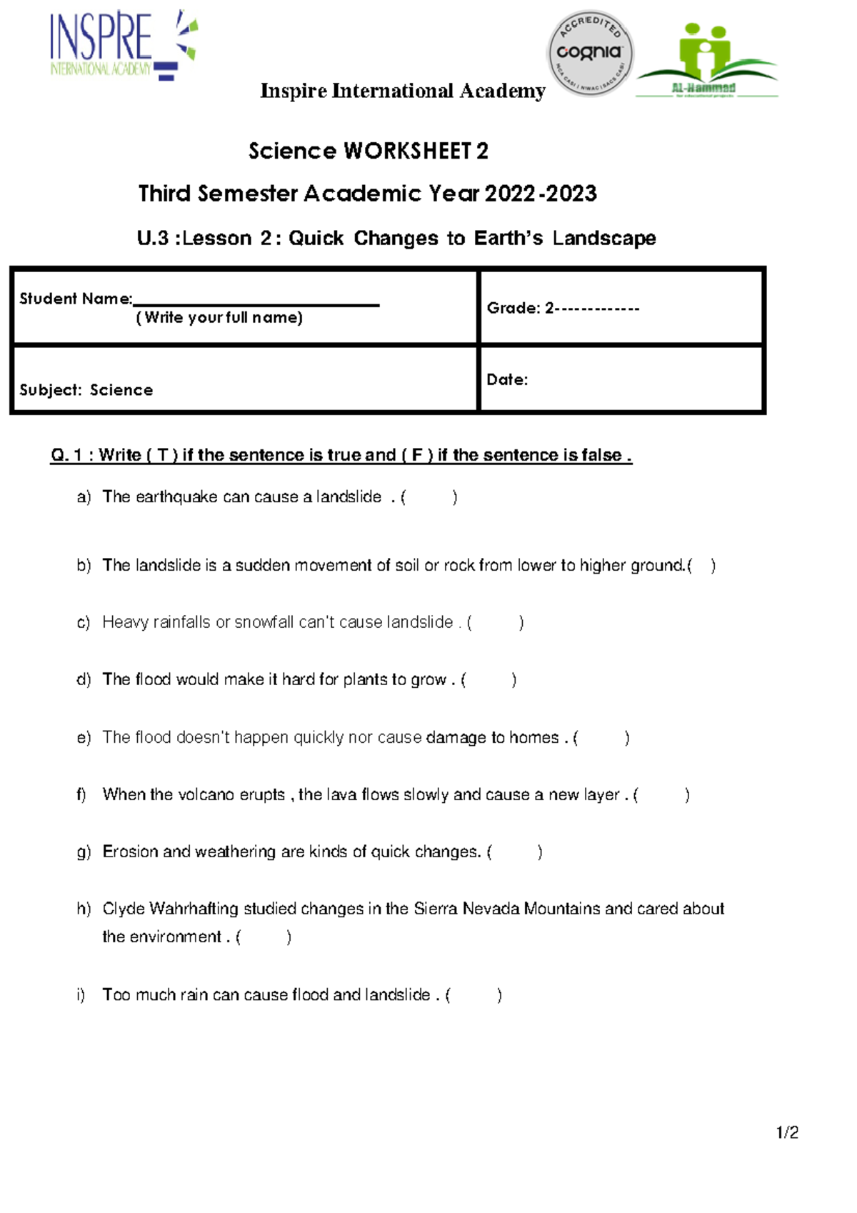 3rd term Science worksheet 2 - Student Name: Science WORKSHEET 2 Third ...