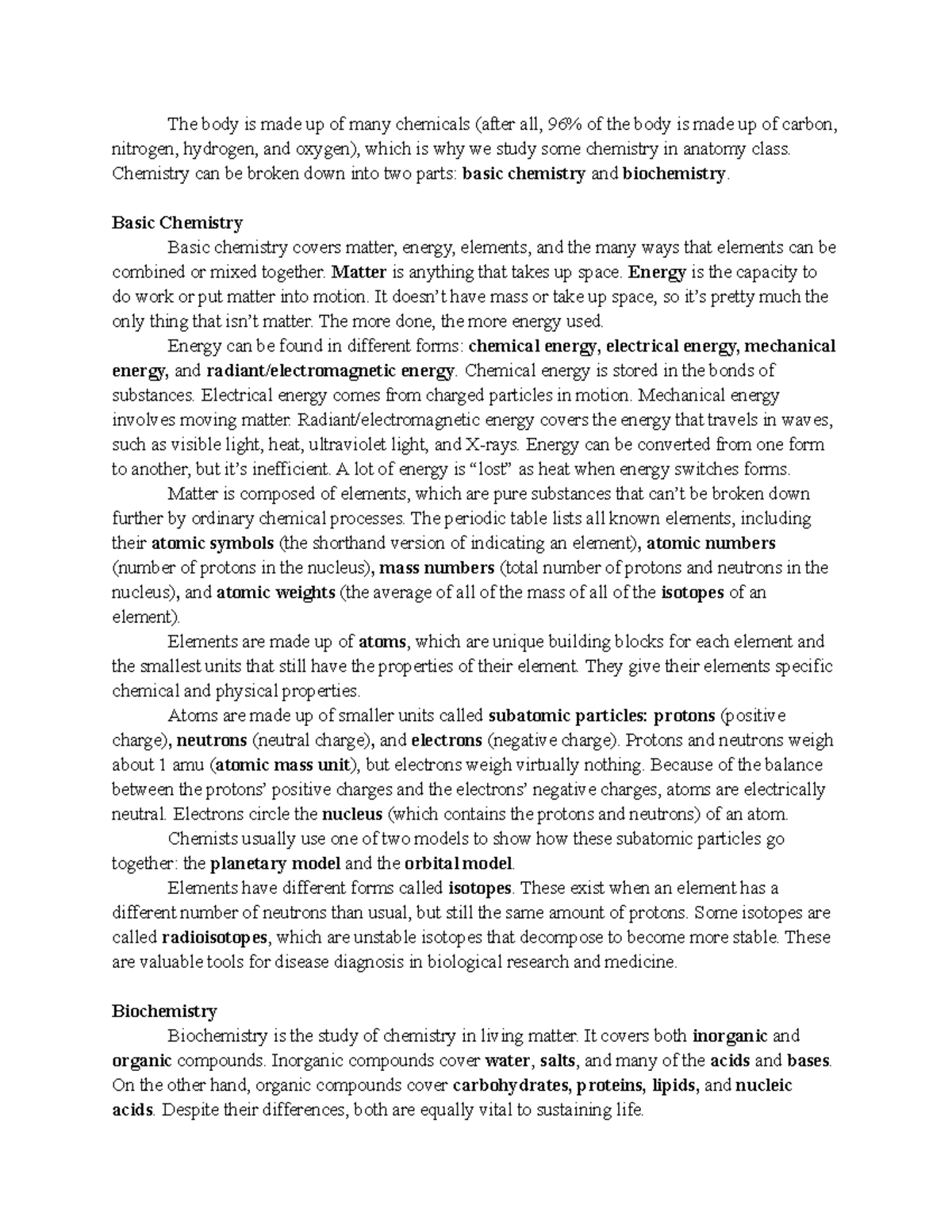 Cheroske Chapter 2 Lecture Summary - The body is made up of many ...