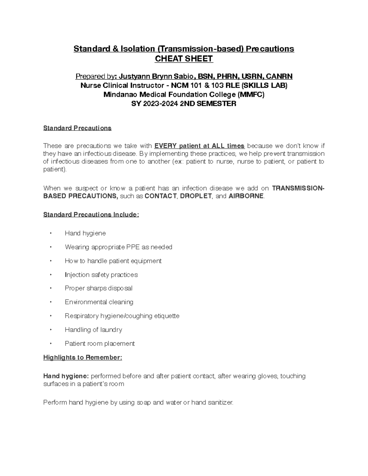 NCM103RLE. Standardprecautions - Standard & Isolation (Transmission ...