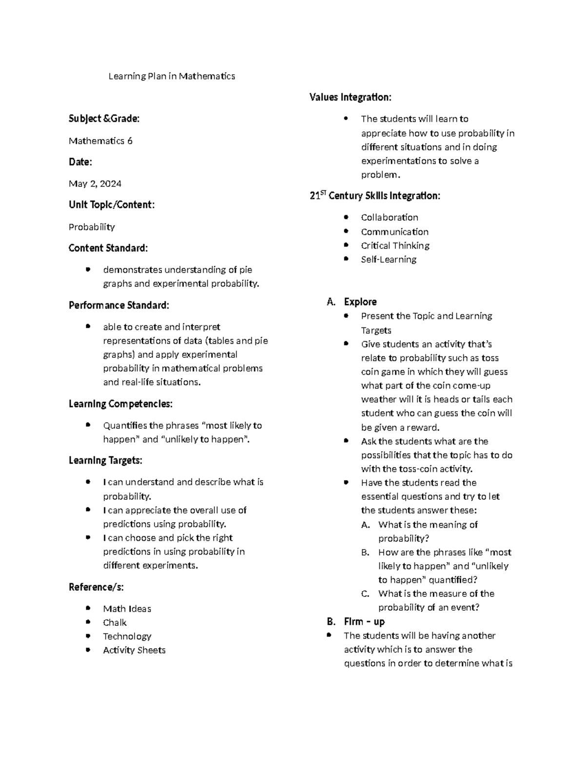 Learning Plan In Mathematics - Learning Plan in Mathematics Subject ...