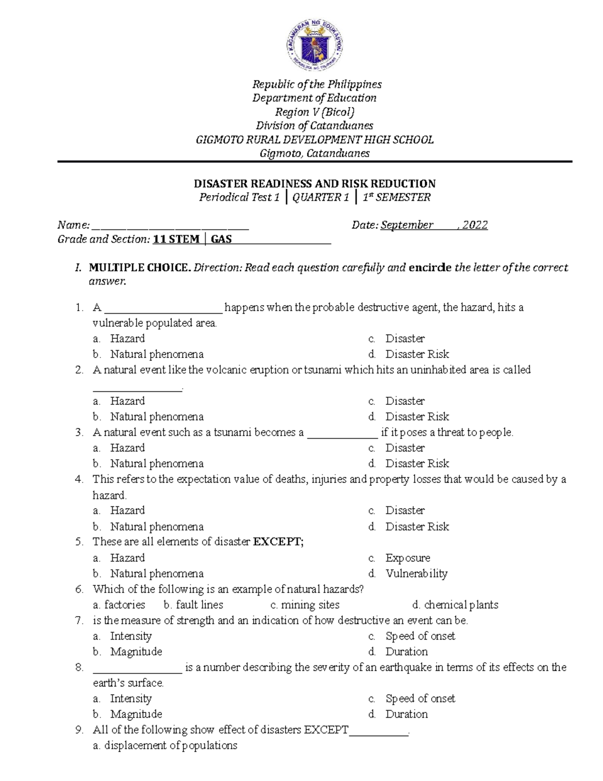 DRRR Q1 Periodical Test 1 - Republic of the Philippines Department of ...